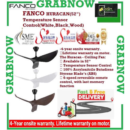 FANCO HURACAN 52" CEILING FAN(WHITE,BLACK,WOOD) 6-speed reversible ...