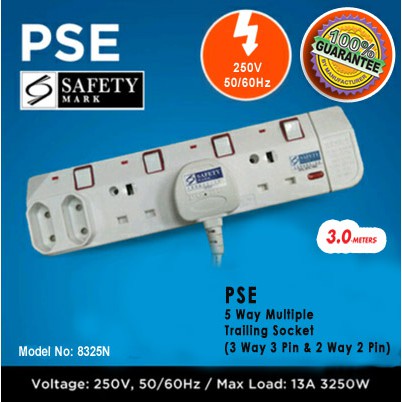 PSE 5 WAY MULTIPLE SAFETY SOCKET WITH SAFETY MARK (3 Meters) | Shopee ...