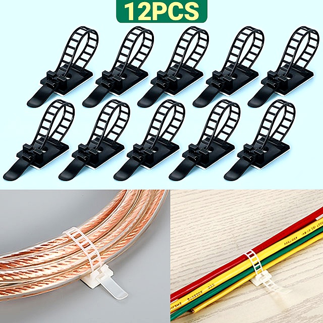 【12PCS】 Sticky Adjustable Wire Ties Cable Clips Clamp Plastic Self ...