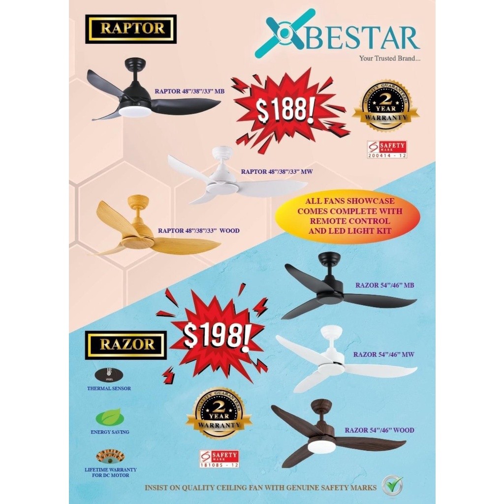 33/38/48/46/54in DC Motor LED Ceiling Fan with Remote Control (RAPTOR ...