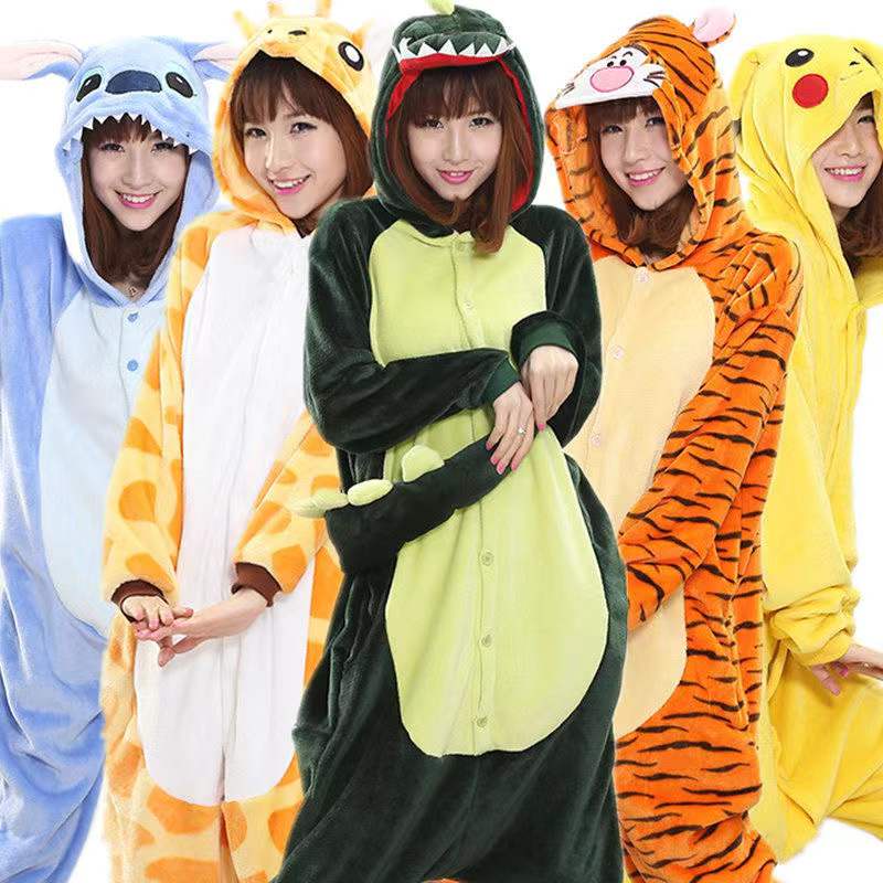 Unisex Kigurumi Dinosaur Stitch Panda Pikachu Totoro Cartoon Flannel Pajamas Women Men Hooded ...