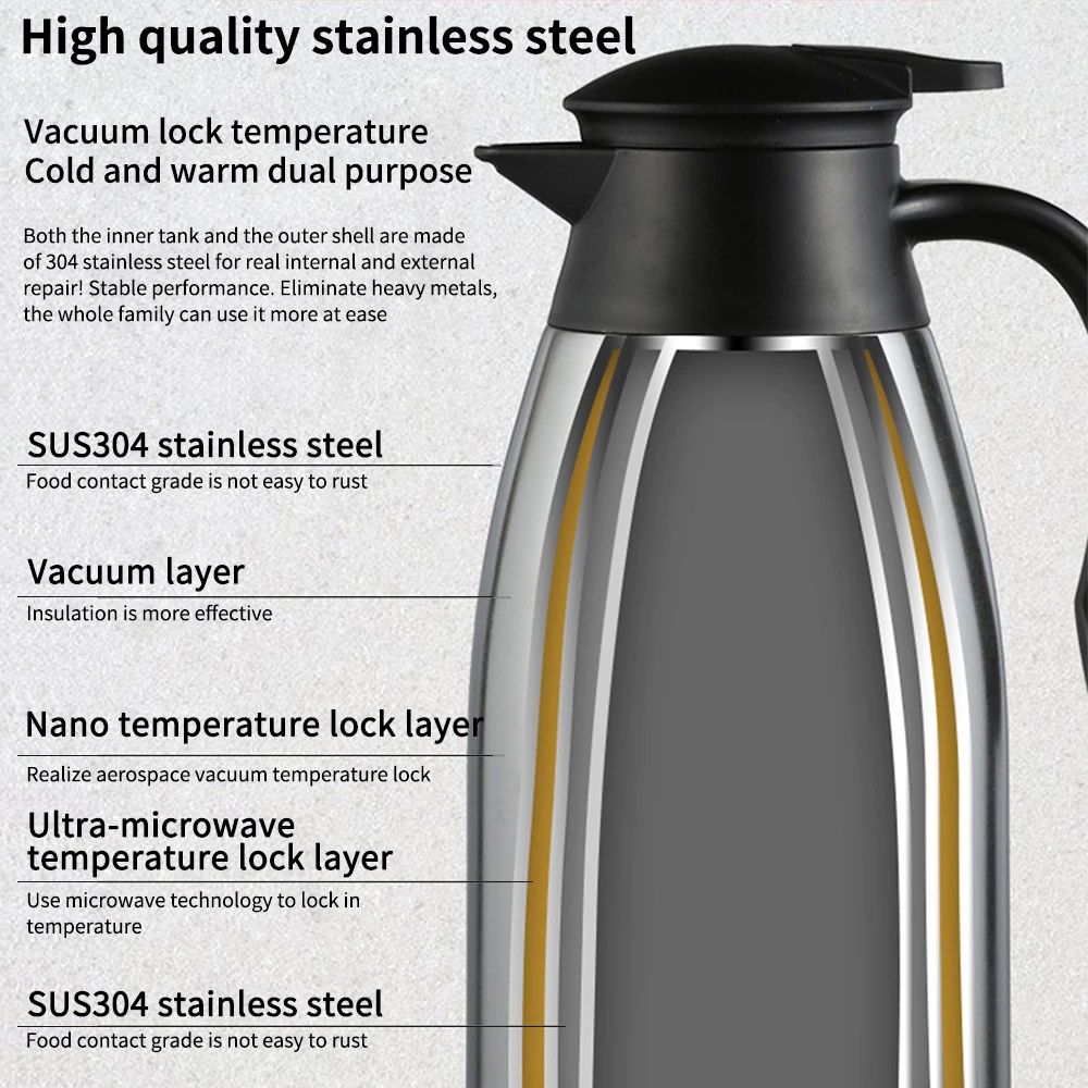 🇸🇬 Stainless Steel Thermal Flask Vacuum Insulated 2000ML 2L Coffee Tea ...