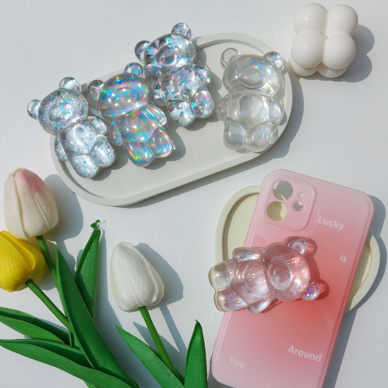 Korean popsocket aesthetic griptok gummy bear clear laser hologram glitter pop socket jelly bear ...