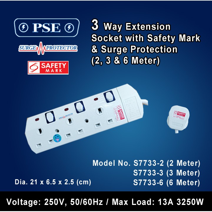 PSE 2/3/4/5/6 Way Extension Safety Socket with Surge Protection ...