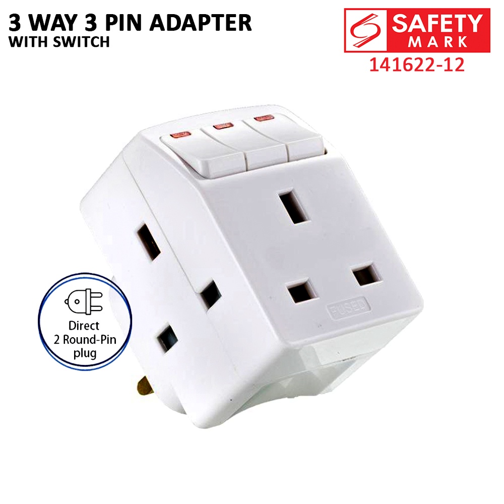 3 WAY 3 PIN Adapter Plug with Switch | 2 Pin Friendly | Fire retardant ...