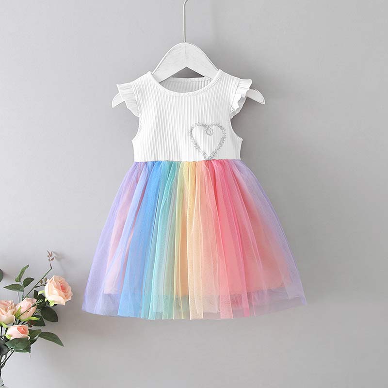 Girls Colorful Dress New Summer Party Dresses Kids Rainbow Mesh ...