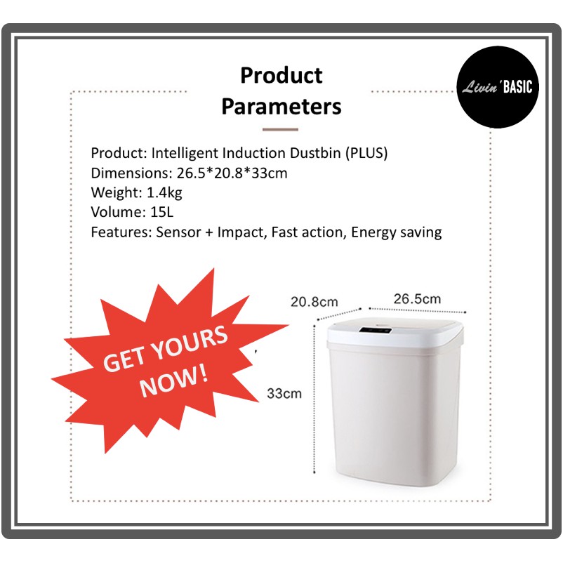 15L Motion Sensor Bin Smart Dustbin / Rubbish Bin / Waste Bin Automatic ...