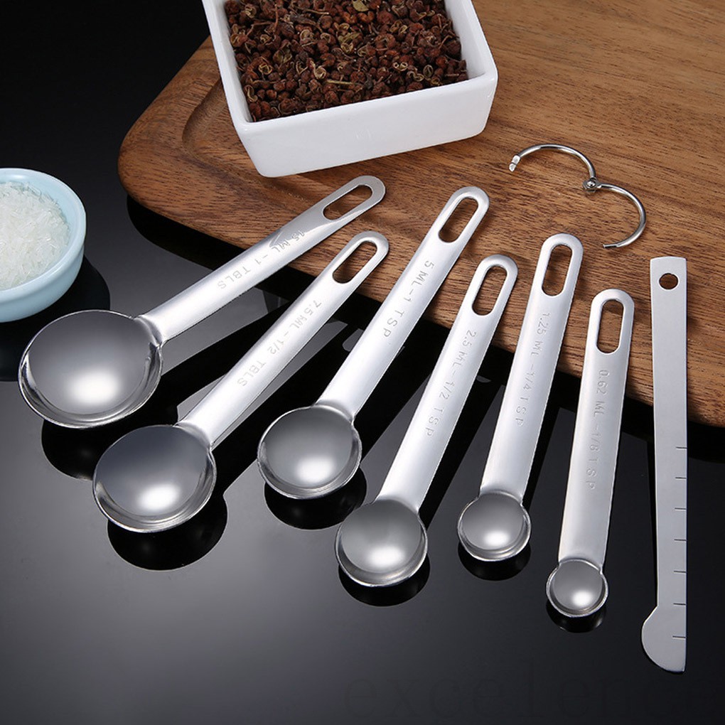 7pcs Measuring Spoons Ruler Stainless Steel Tea Spice Kitchen Baking ...