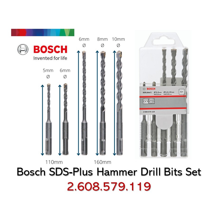 Bosch 5-Piece SDS-Plus Hammer Drill Bits Set ( 5, 6 x 110mm & 6, 8, 10 x 160mm ) - 2608579119 ...