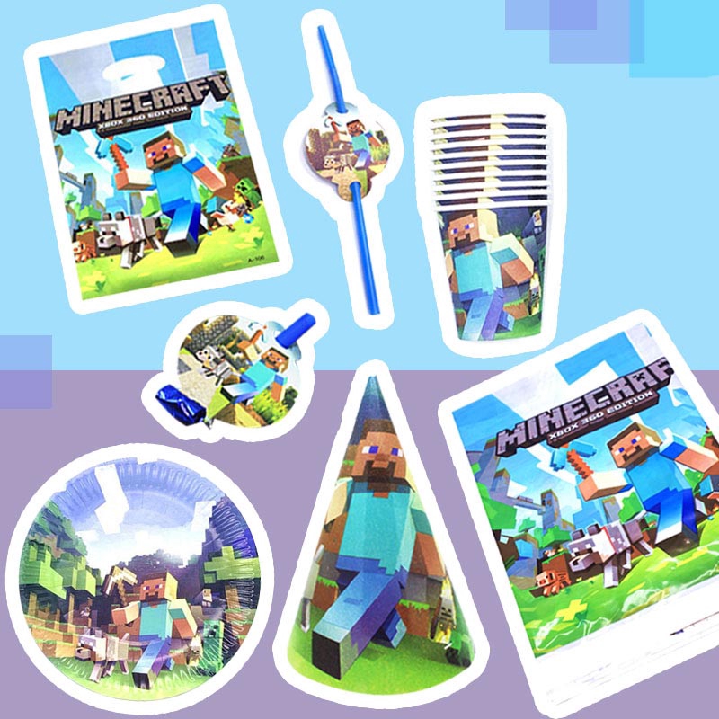 Minecraft Theme Disposable Tableware Cartoon Paper Cup Plate Hat Kids ...