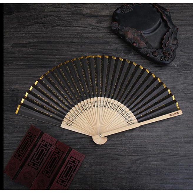 Ancient fan with black background, gold letters, bamboo slats, foldable ...