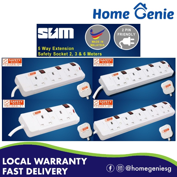 SUM Extension Safety Socket 2/3/4/5 Way 2,3 & 6 Meters Cord. (Direct 2 ...