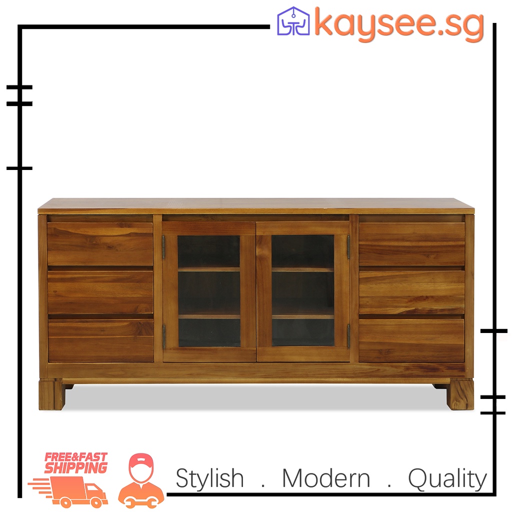 kaysee|Krysanthe Teak Wood TV Console with 2 Doors 6 Drawers Buffet | Shopee Singapore