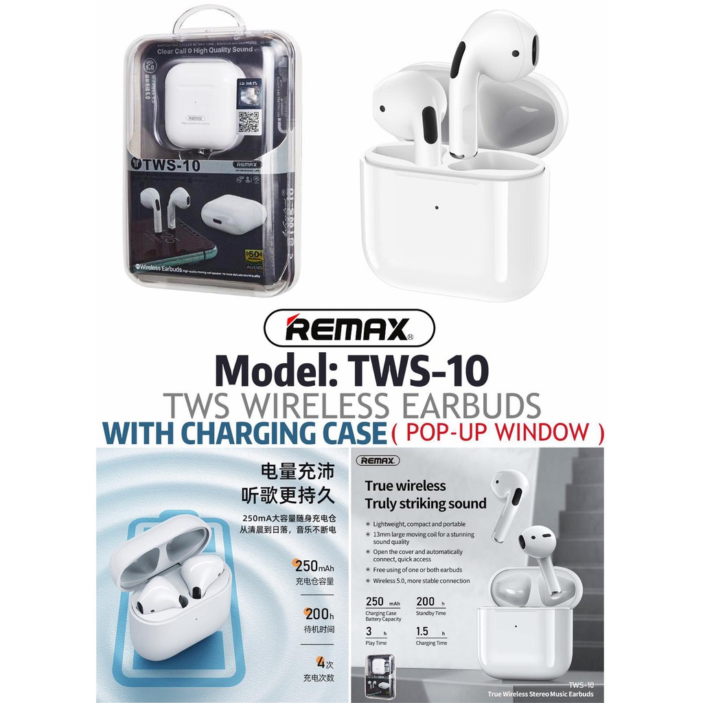 REMAX (Model: TWS-10) TWS Wireless Earbuds (With Charging Case ...