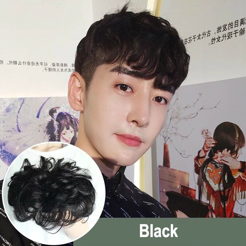 Man Short Wig Real Human Hair Bald Replacement Block Curls Fluffy for ...