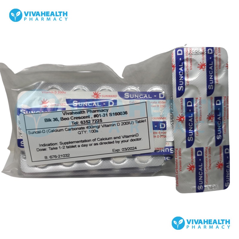 Suncal-D (Calcium carbonate 450mg/Vitamin D 200IU) Tablet 100s | Shopee ...