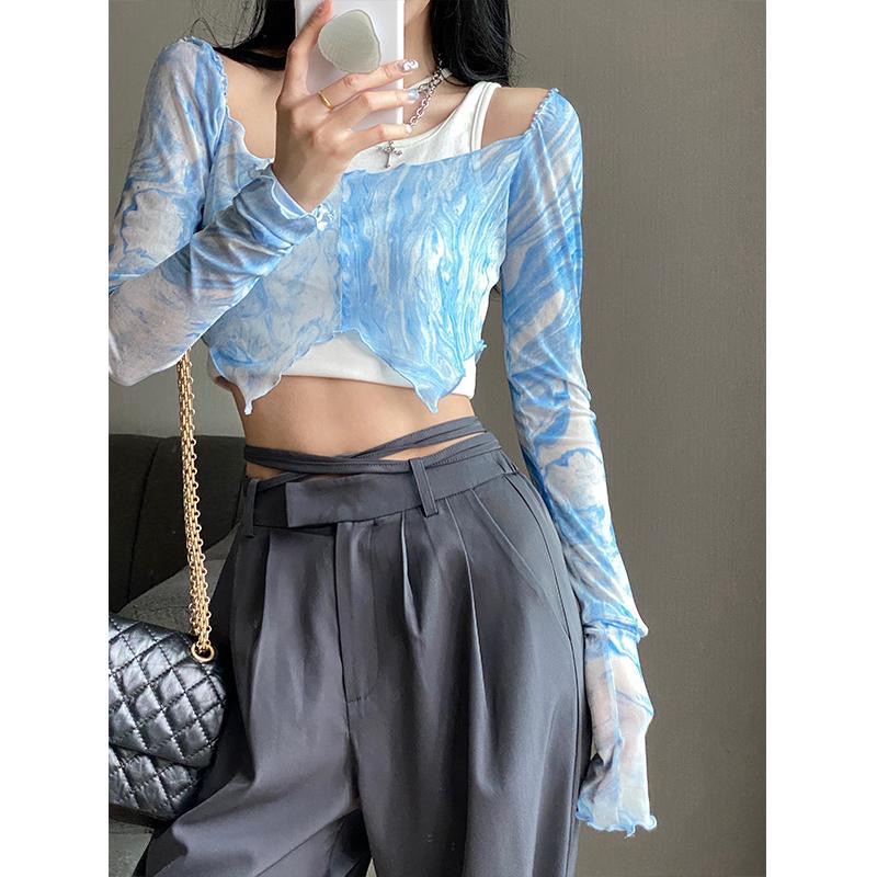 Tie Dye Mesh Tops Women Irregular Blue See Through Long Sleeve Crop Top ...