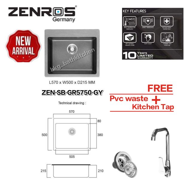 ZENROS GRANITE SINGLE SINK (ZEN-SB-GR5750-GY) | Shopee Singapore