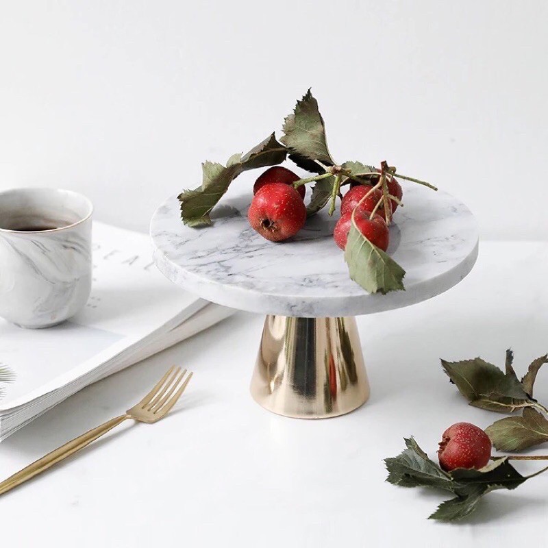 [SG Stock] Round Marble Cake Stand with Gold Metal Base Pastry Dessert ...