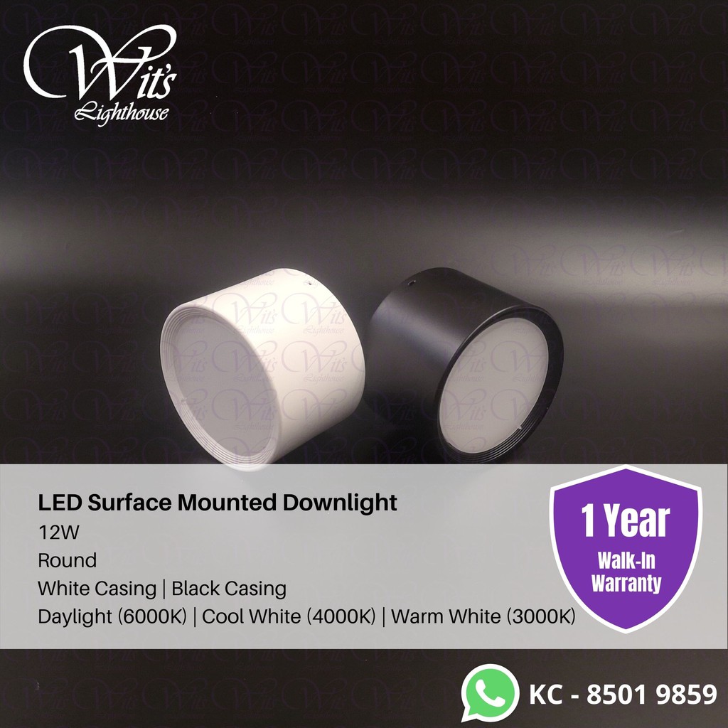 Surface Mount LED Round Downlight, 12W, White / Black (Daylight (6000K ...