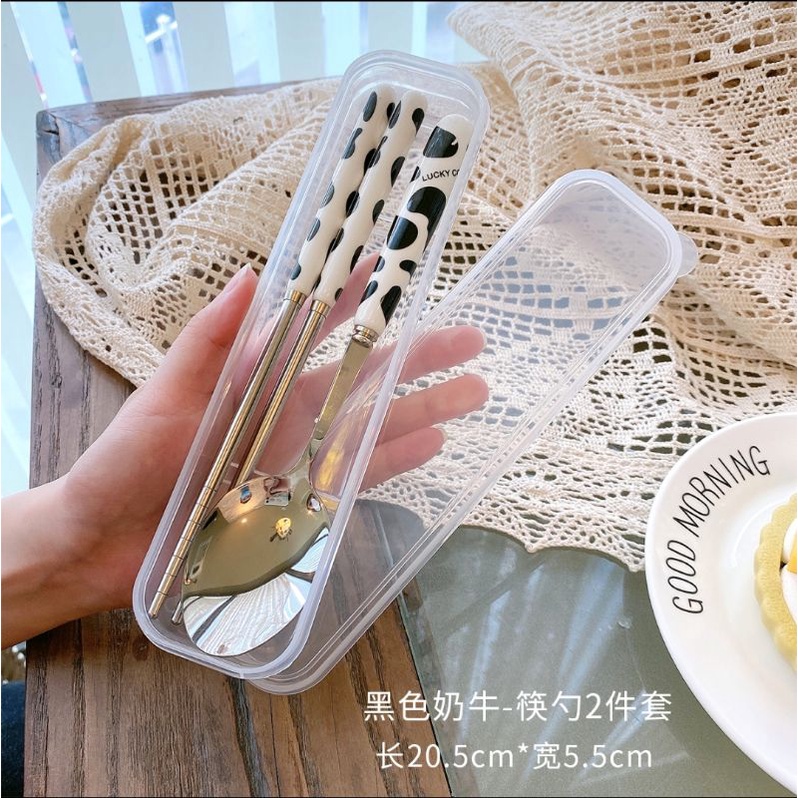 Cute Moo Moo Milk Cow Travel Portable Kido Spoon and Fork/Chopstick ...