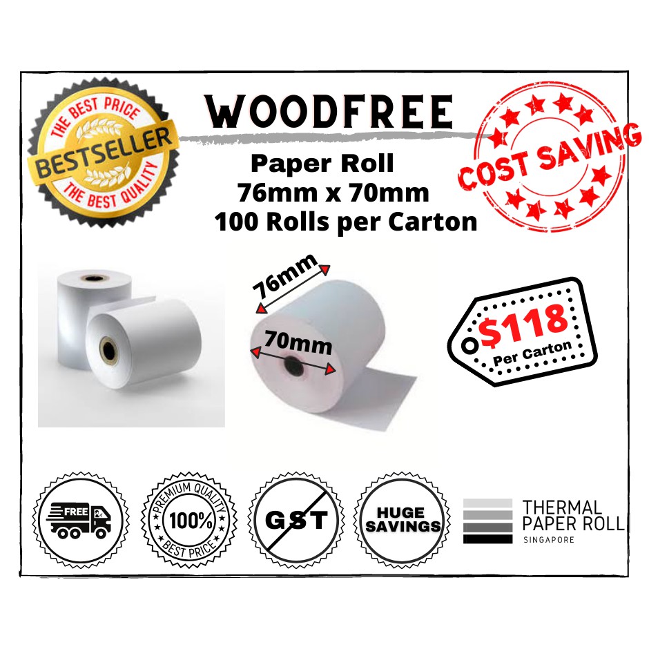 Wood-Free Paper Roll (76 x 70 x 12mm) *Premium Quality* - Non Thermal ...