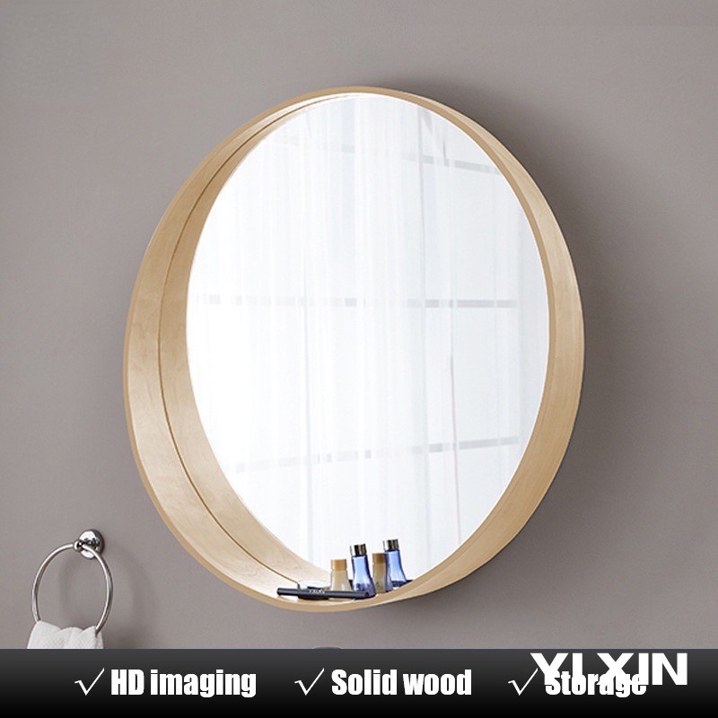 YIXIN Japanese Style Solid Wood Round Mirror With Storage Frame Bedroom ...