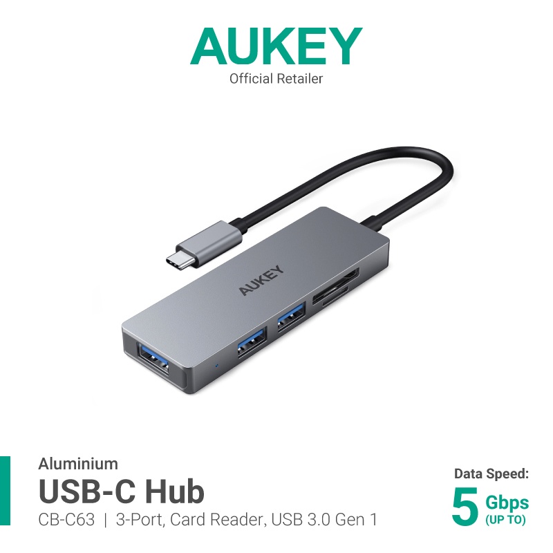 Aukey CB-C63 USB-C to 3 Port USB 3.0 Gen 1 Aluminium Hub with Card ...