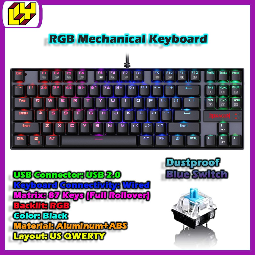 REDRAGON K552 RGB Mechanical Gaming Keyboard 87 Keys RGB Waterproof ...