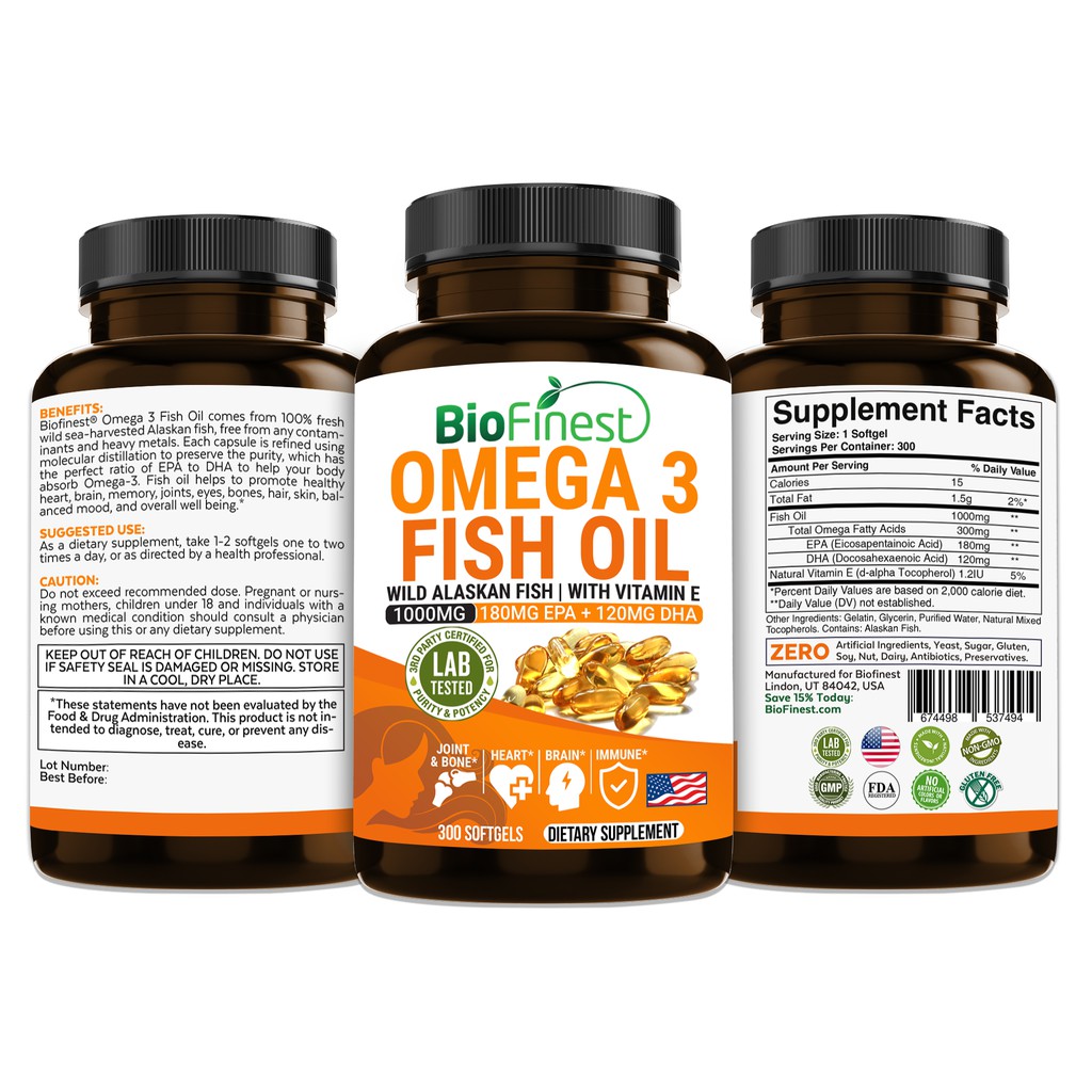 Biofinest Omega 3 Fish Oil 1000mg - Wild Alaskan Fish Natural Vitamin E ...