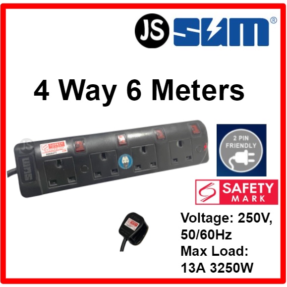 SUM 2/3/4/5 WAY Black Safety Extension Socket (0.5, 1, 2, 3, 6, 10 ...