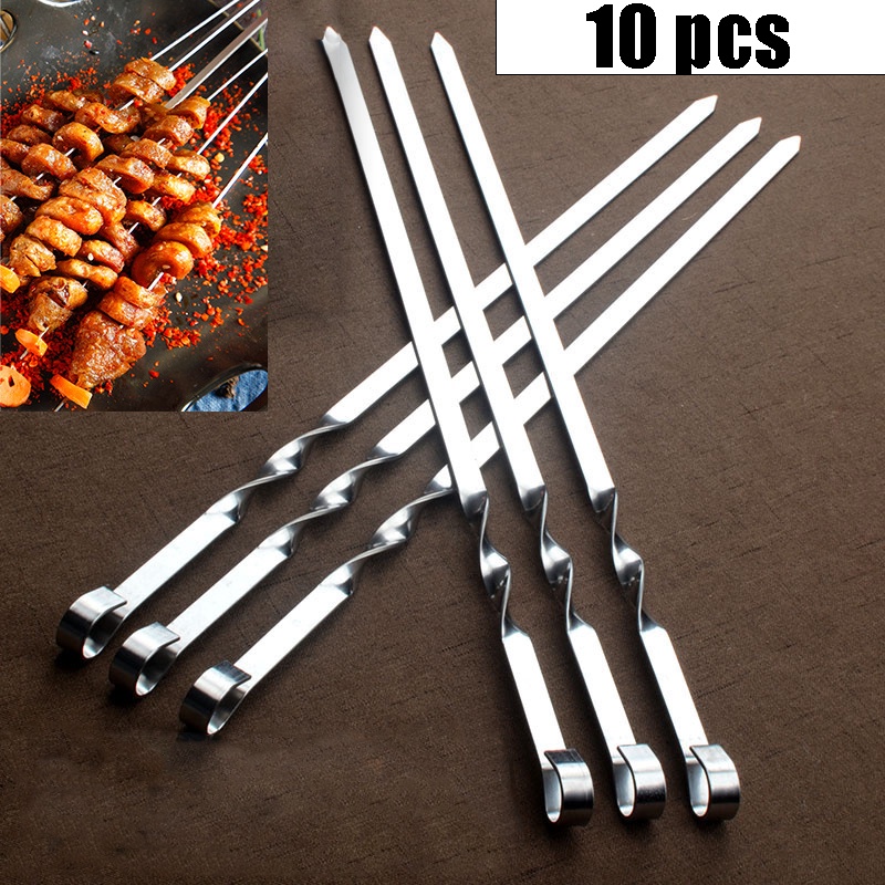 10pcs Stainless BBQ Skewers Needle Flat Long Grill Sticks Kebab Kabob Camping Kitchen Party ...