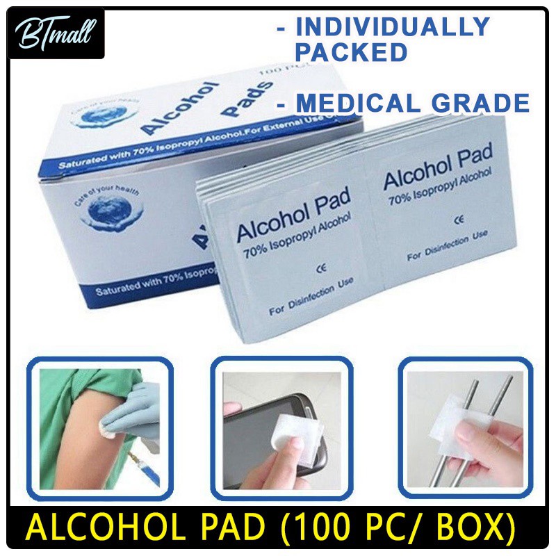ALCOHOL PADS - 100 PCS BOX INDIVIDUALLY PACKAGED DISINFECT HYGIENIC ...
