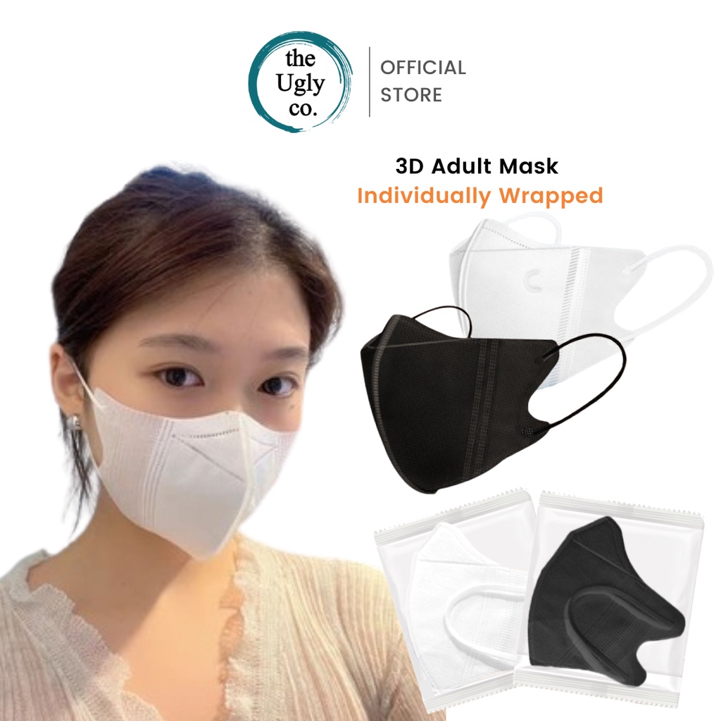 Masks for Adults Black and White 3D Individual Pack 3 ply 30 / 100 pcs ...