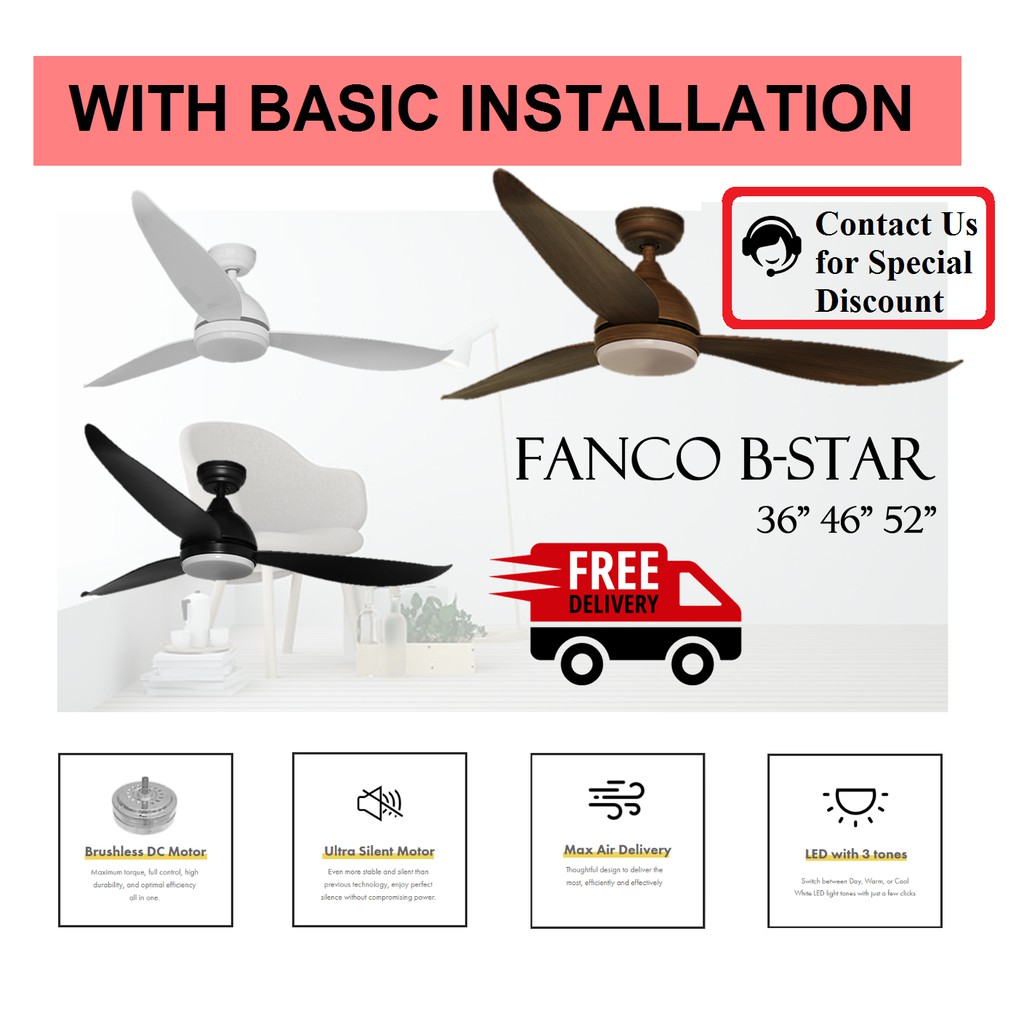 Fanco B-Star Ceiling Fan with 24W LED Light 36 / 46 / 52 inch BStar B ...