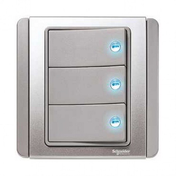Schneider Neo 3 Gang 1 Way Horizontal Switch with Blue LED, Grey Silver ...