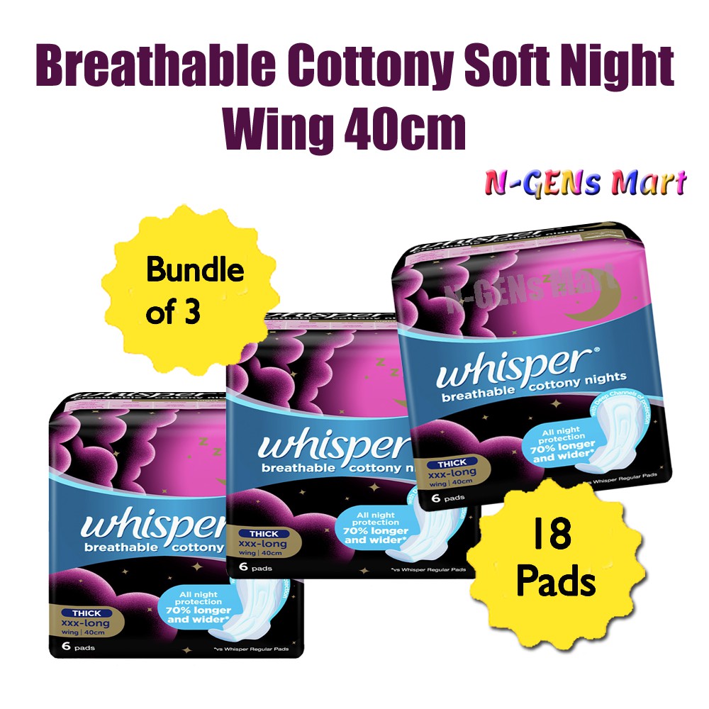 (BUNDLE OF 3 ⇒ 18 Pads) Whisper Breathable Cottony Soft Nights 40cm ...