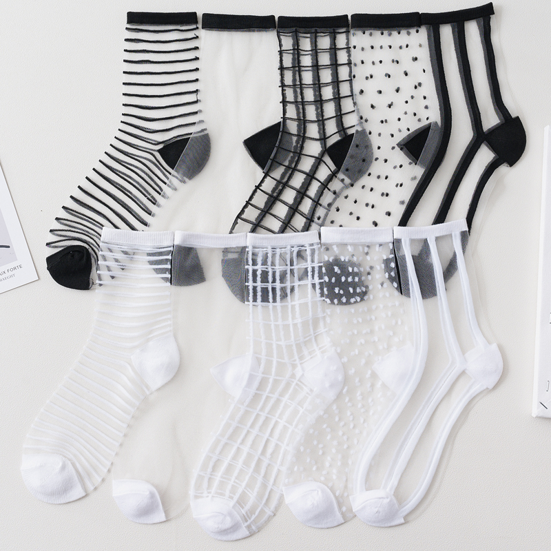 Women's Striped Cuff Sheer Mesh Transparent Socks Fishnet See Through ...