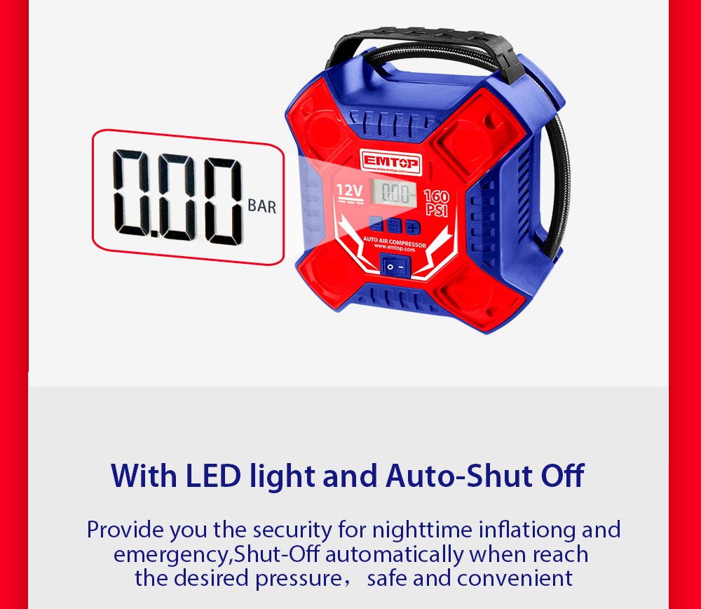 EMTOP 12V Portable Auto Air Compressor With Auto-Shutoff For Car ...