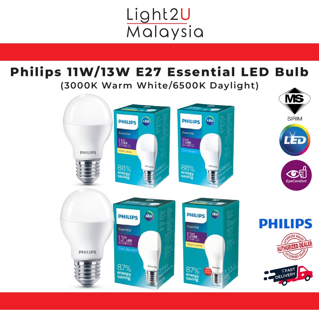 Philips 11W / 13W E27 A60 Essential LED Bulb (3000K / 6500K ) | Light Bulb - Mentol Lampu ...