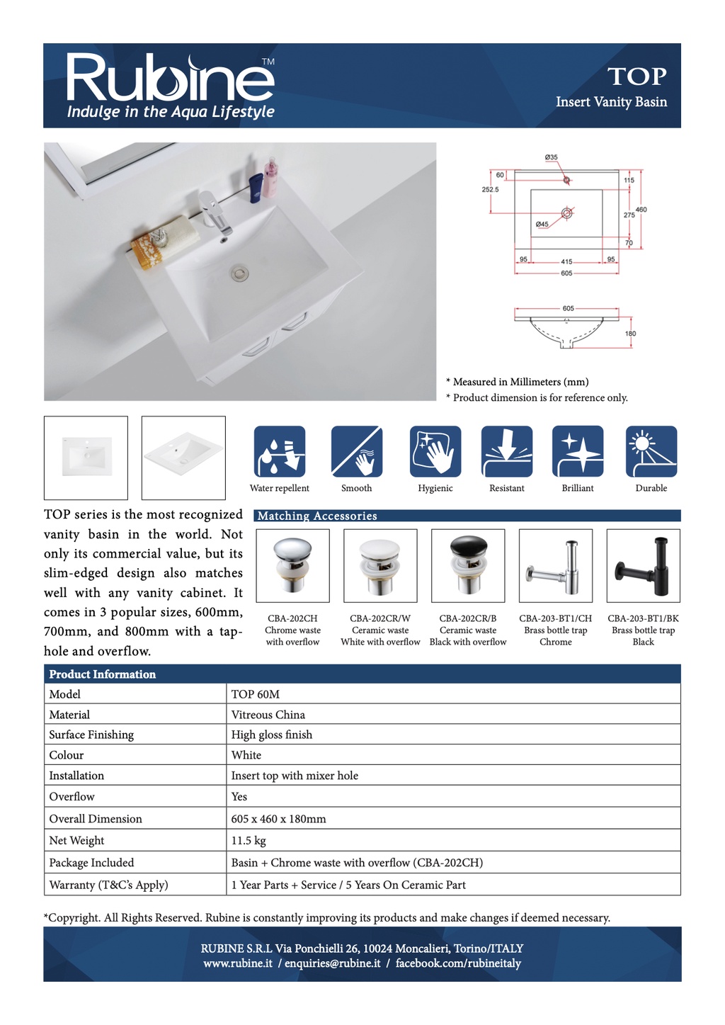 [ RUBINE ] TOP 60M Insert Vanity Basin GLOSSY WHITE With mixer hole ...