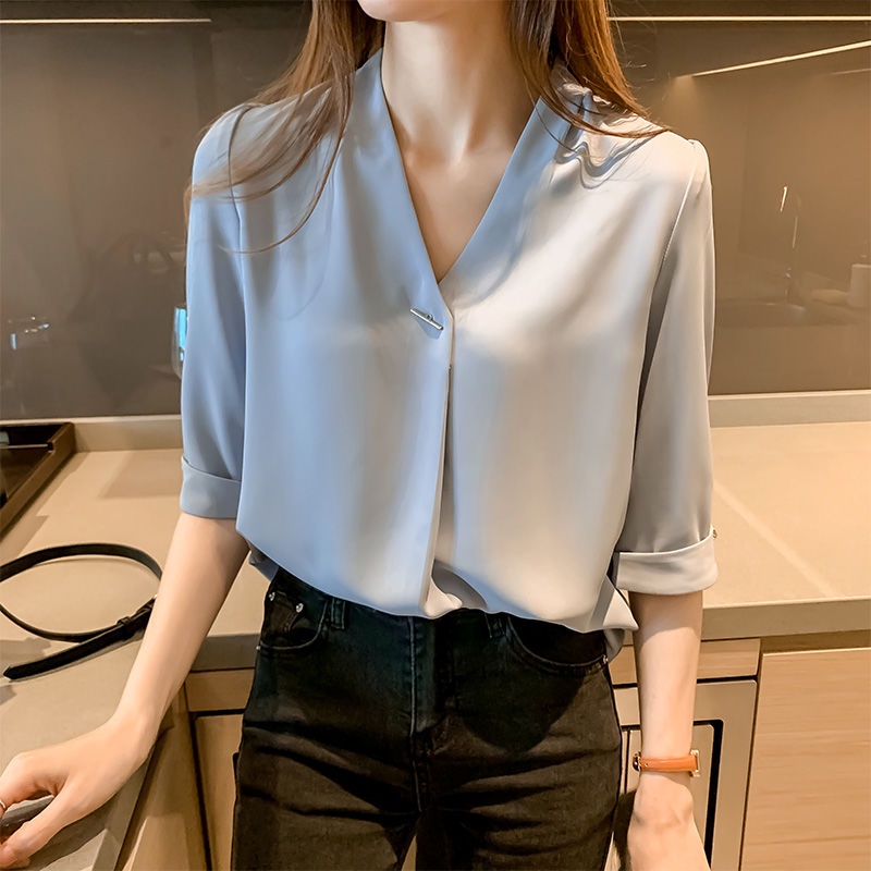 Chiffon V Neck Blouse Women Mid Sleeve Top Slim Fit Bottoming Shirt