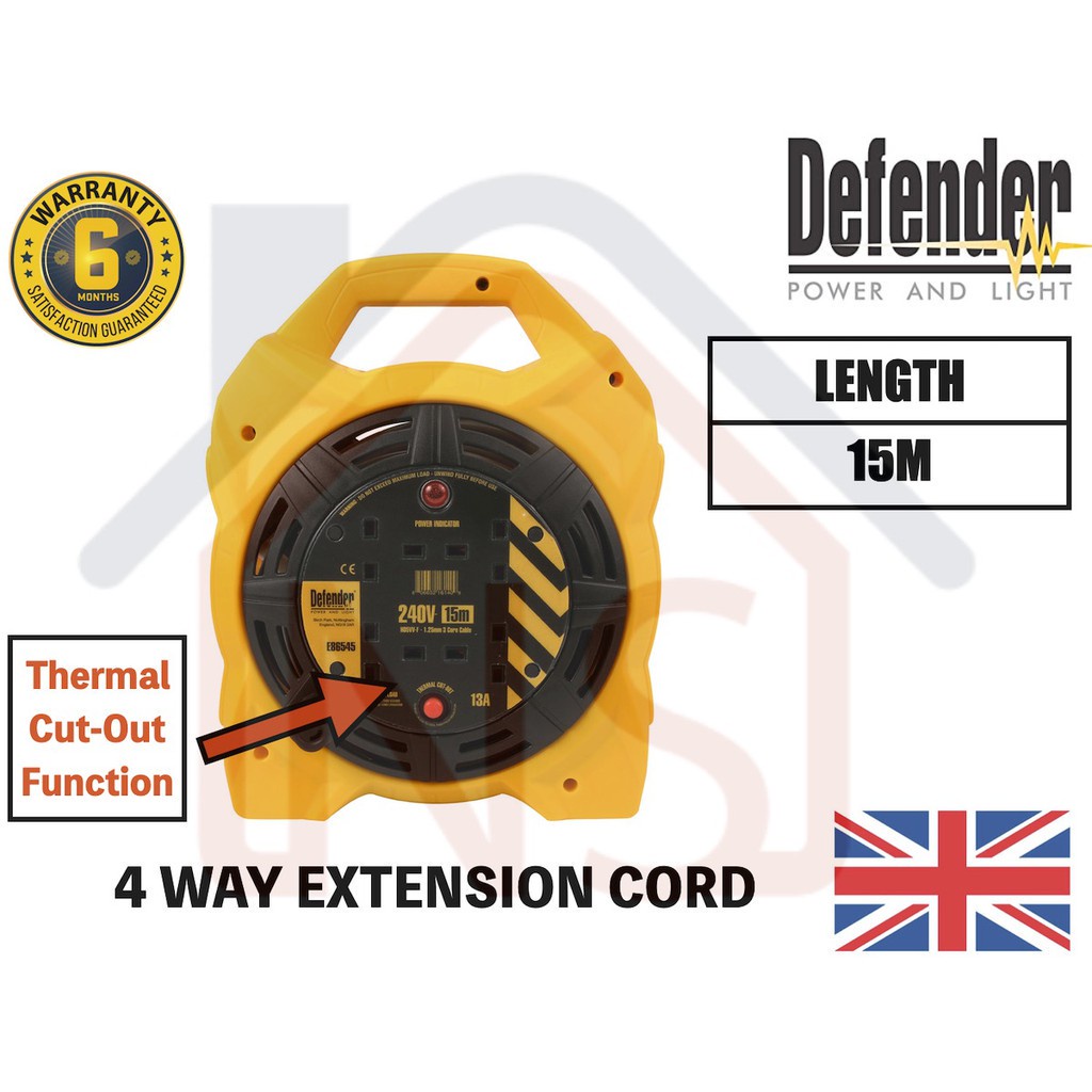 Defender 15m Industrial Cable Box Reel / Extension Cable / Cable Reel ...