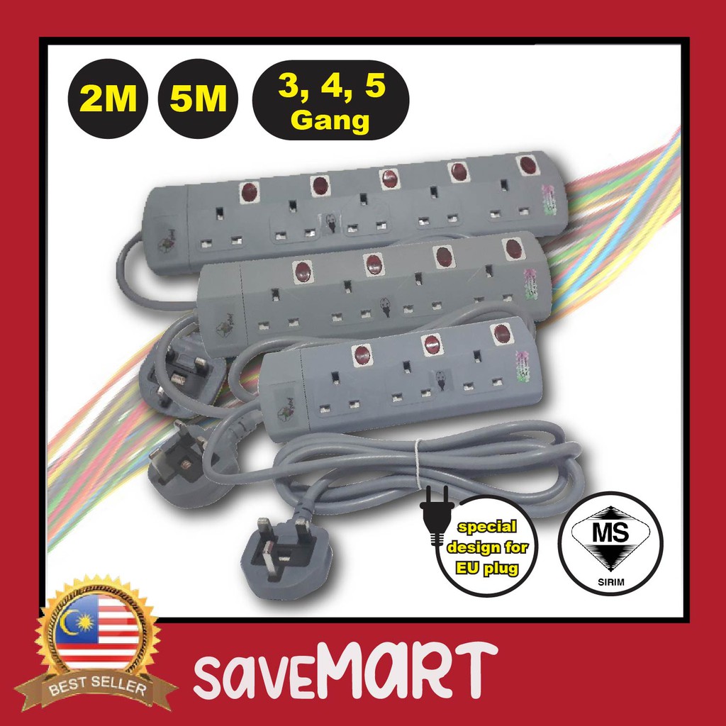 SIRIM APPROVED Geloof Trailing Extension Socket 2M/5M Wire/Penyambung ...