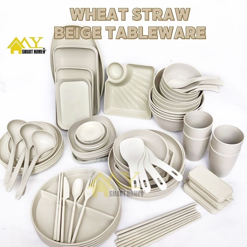 【Ready Stock】 Beige Tableware Wheat Straw Tableware Family Bowl Plates ...