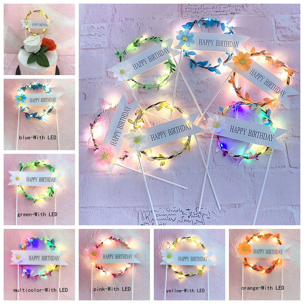 Happy Birthday Cake Topper With LED Light Cake Golden Silvery Letters ...