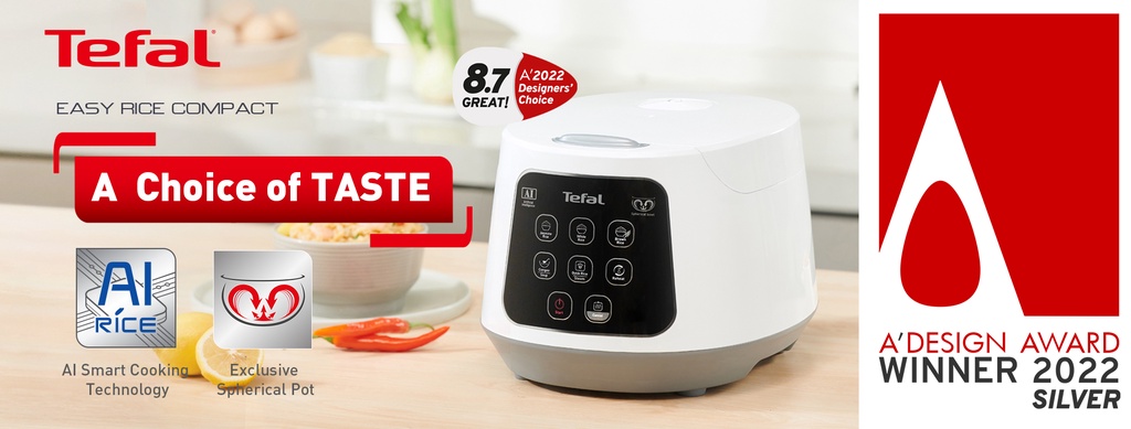 Tefal Easy Compact Fuzzy Logic Rice Cooker 1L RK7301 – 8 Programmes, AI, 4-Layer, Spherical Pot ...