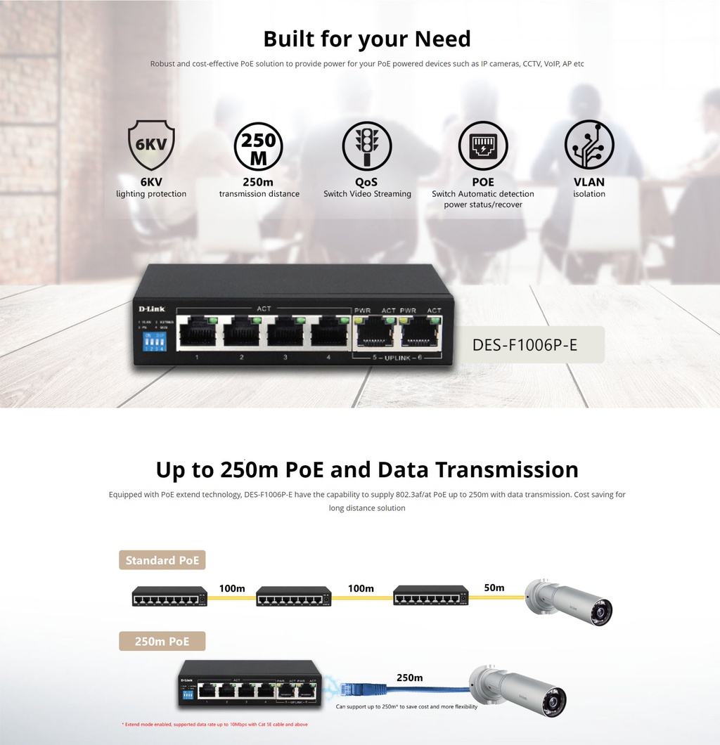 D-LINK DES-F1006P-E 250M 6Port network Switch with 4 POE Ports and 2 ...