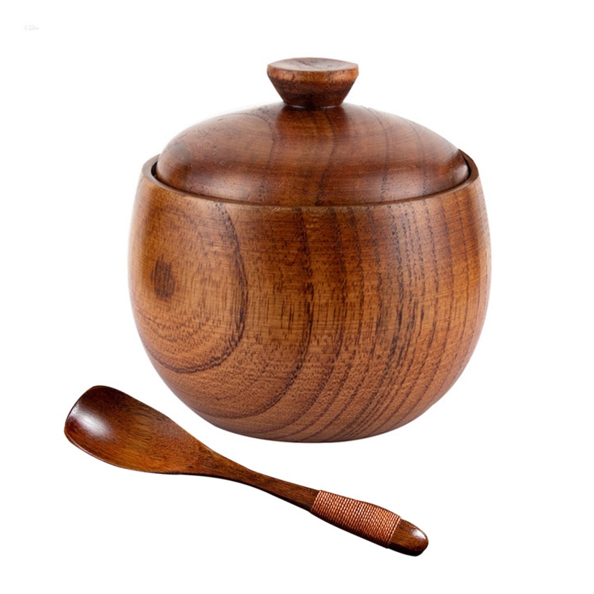 Natural Wooden Salt Cellar Box Spice Jar Sugar Bowl Pepper Box Salt Seasoning Container Storage ...