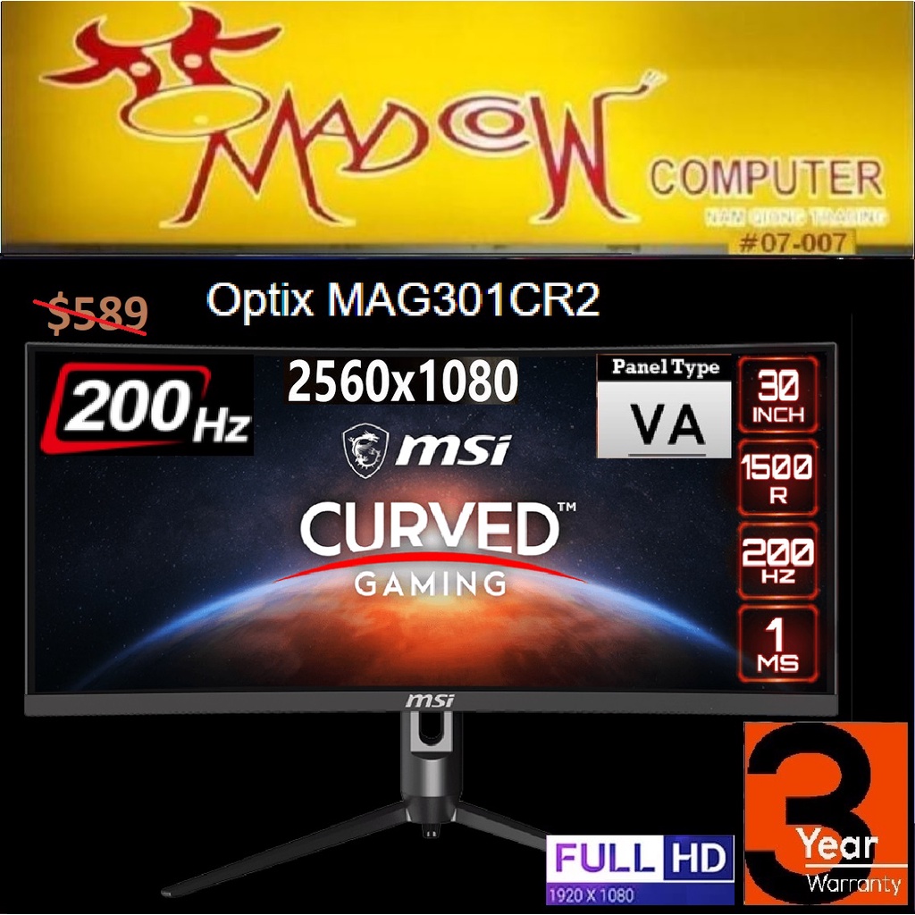 MSI Optix MAG301CR2 Curved Gaming Monitor 29.5inch WFHD 200hz 1MS VA ...